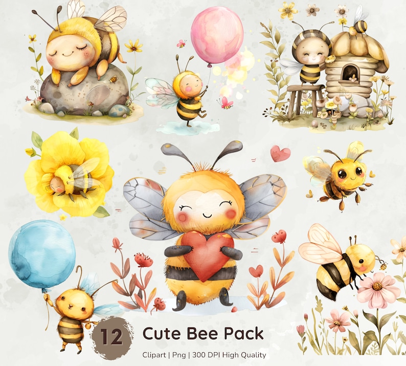 Watercolor Bee Clipart, Cute Bees Png, Honey Bee Png, Bees Graphics ...