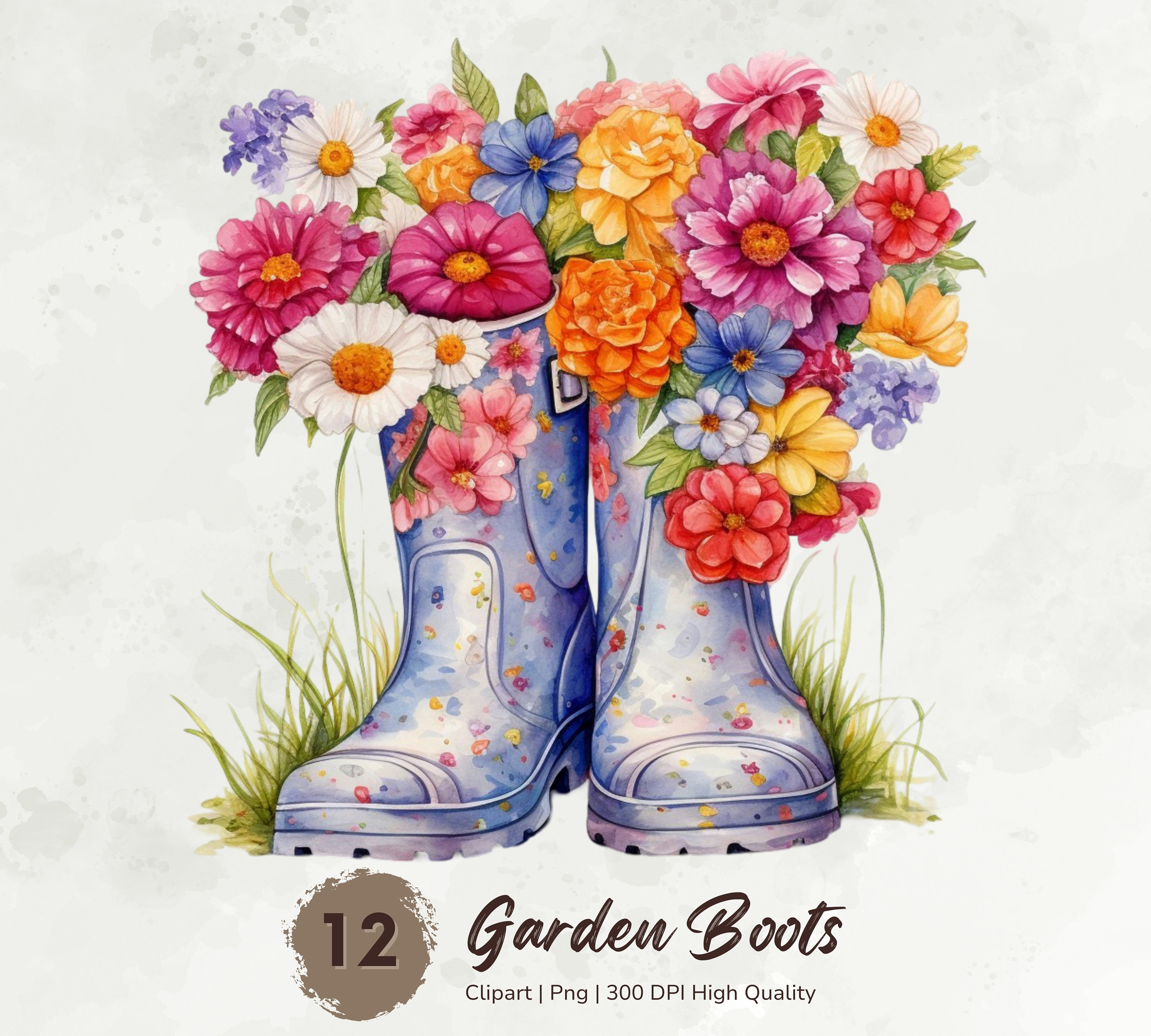 Watercolor Garden Boots Clipart, Wildflowers Clipart, Garden Clipart ...