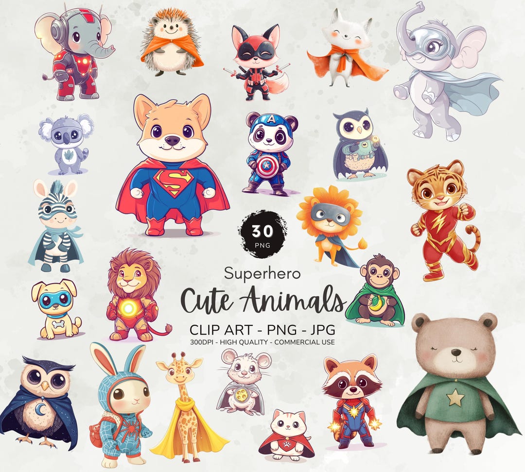 Superhero Animals Clipart, Cute Animals Png, Whimsical Animal Graphics ...