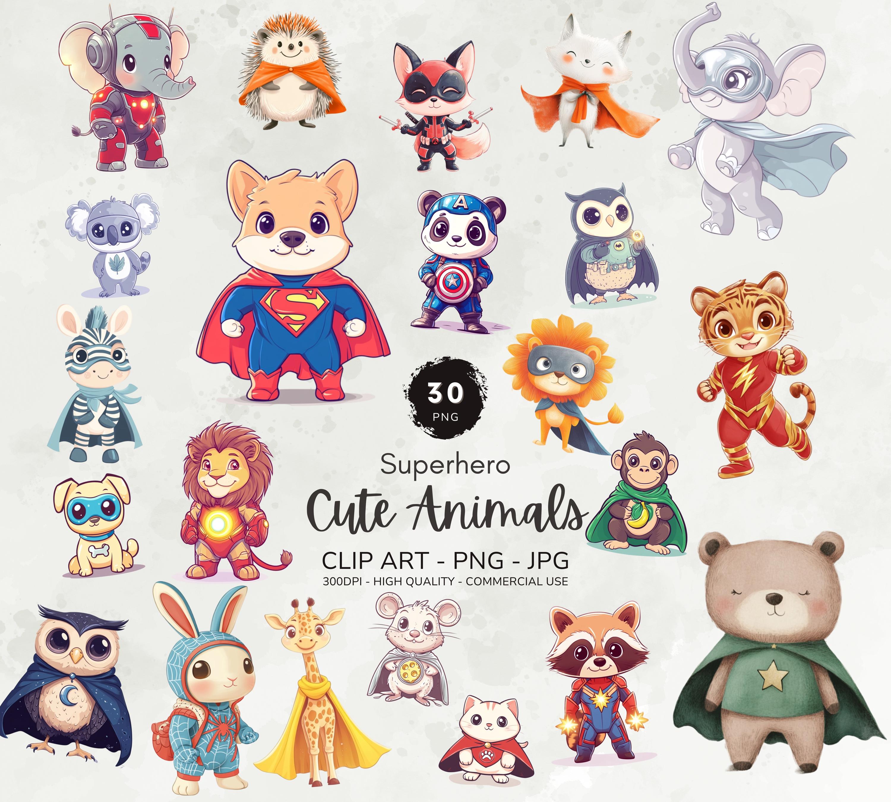 Superhero Animals Clipart, Cute Animals Png, Whimsical Animal Graphics ...