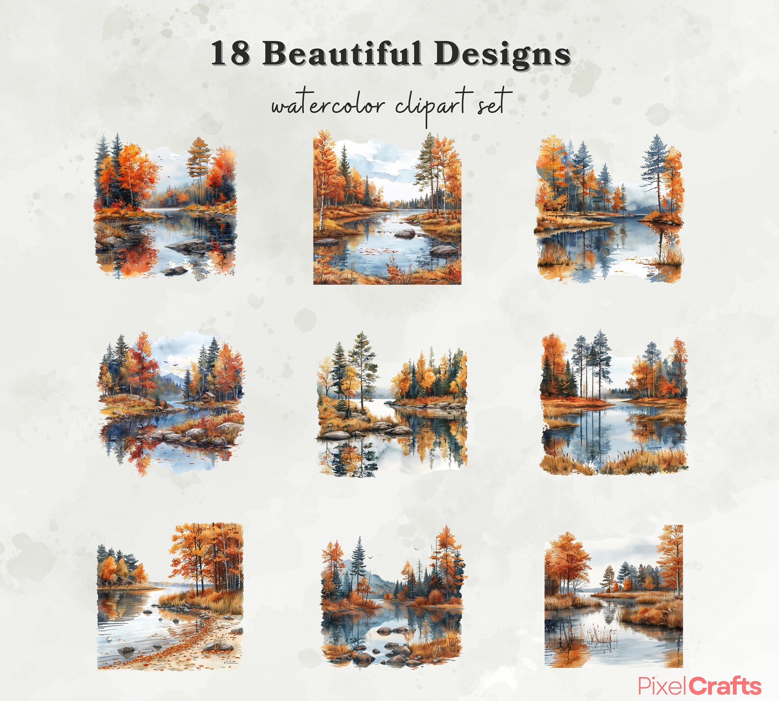 Watercolor Autumn Landscape Clipart, Autumn Lakeside Clipart, Fall ...