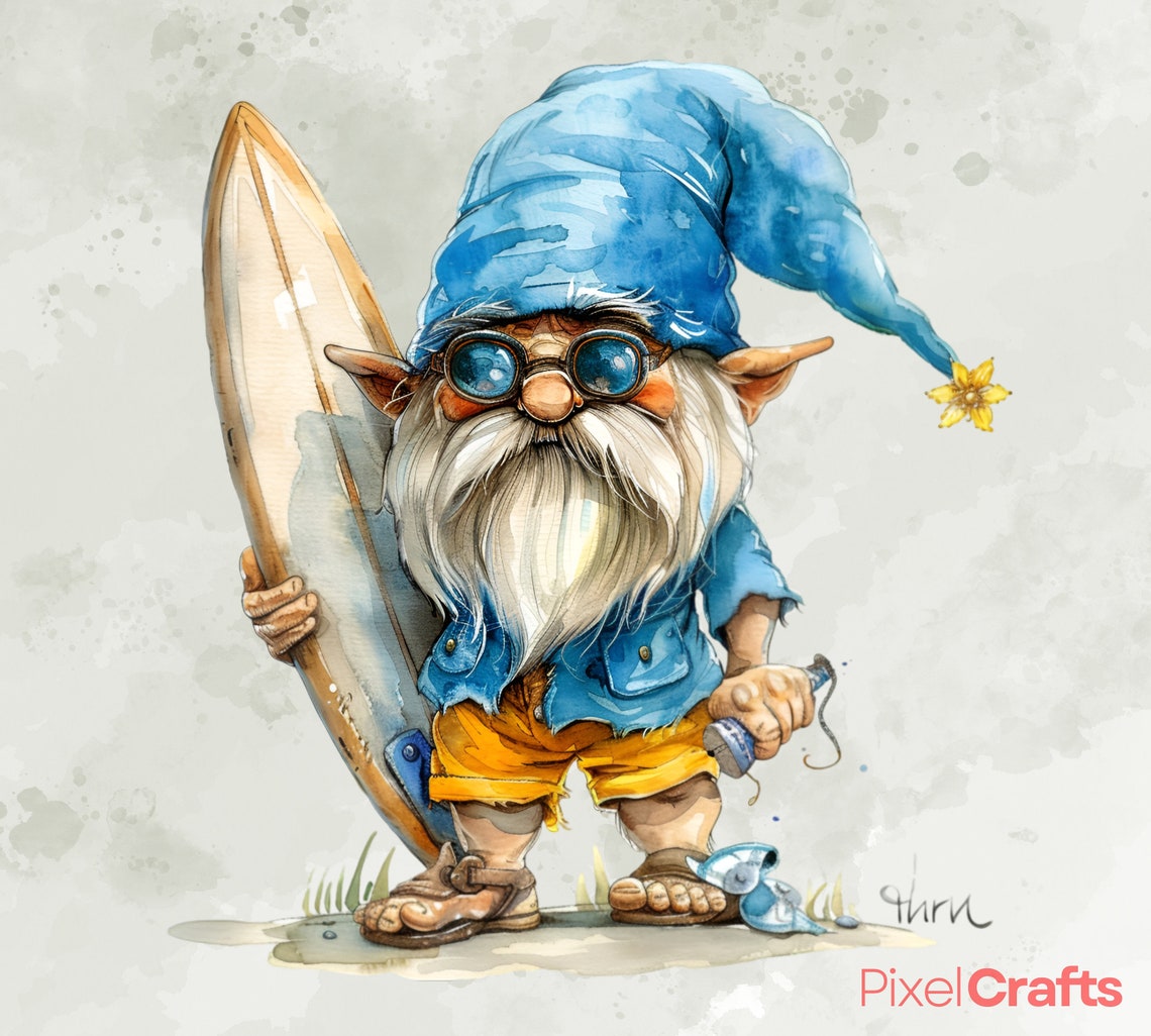 Watercolor Gnome Clipart, Surfer Gnome Clipart, Summer Gnome Png ...