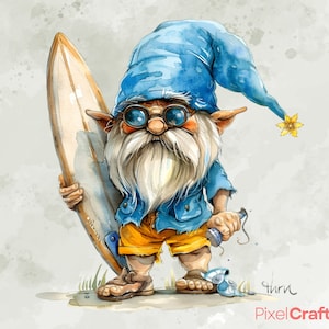 Watercolor Gnome Clipart, Surfer Gnome Clipart, Summer Gnome Png ...