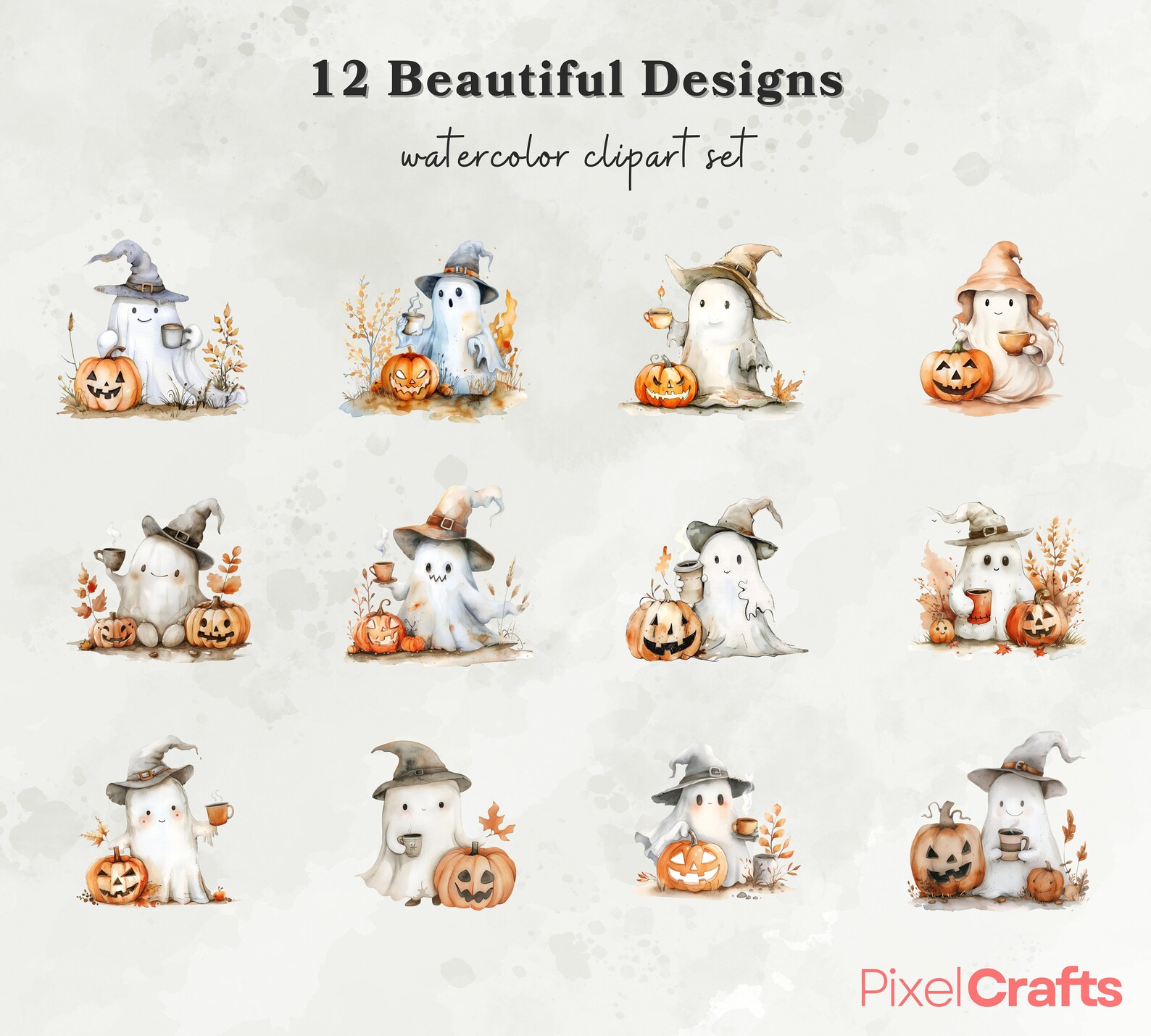 Cute Ghost Clipart, Halloween Png, Watercolor Halloween Clipart, Coffee ...