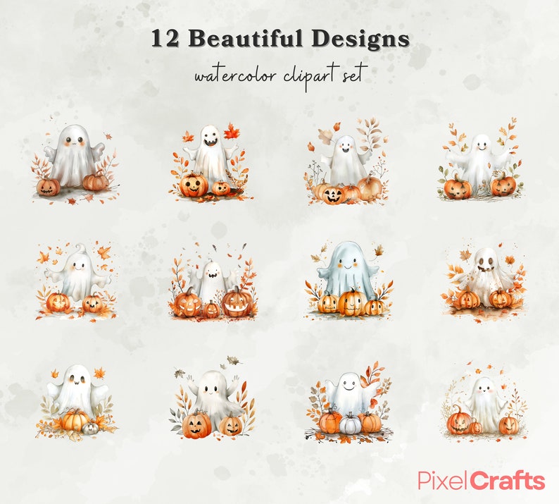 Watercolor Cute Ghost Clipart, Halloween Clipart Bundle, Pumpkins ...