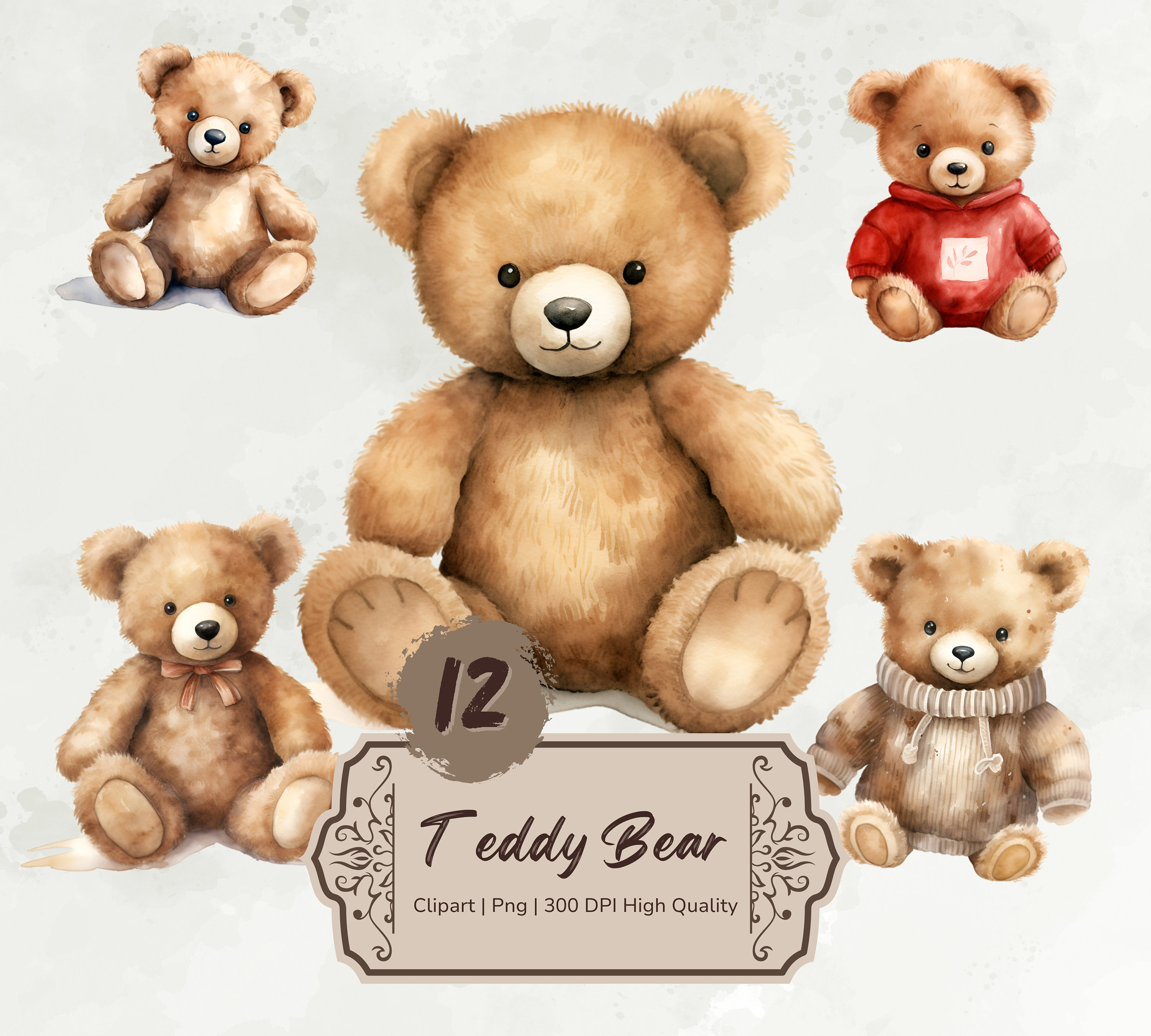Teddy Bear Clipart Bundle, Watercolor Fluffy Teddy Png Images ...