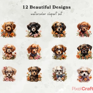 Cute Puppy Clipart, Floral Dog Clipart, Dog Bundle With Glasses, Funny ...