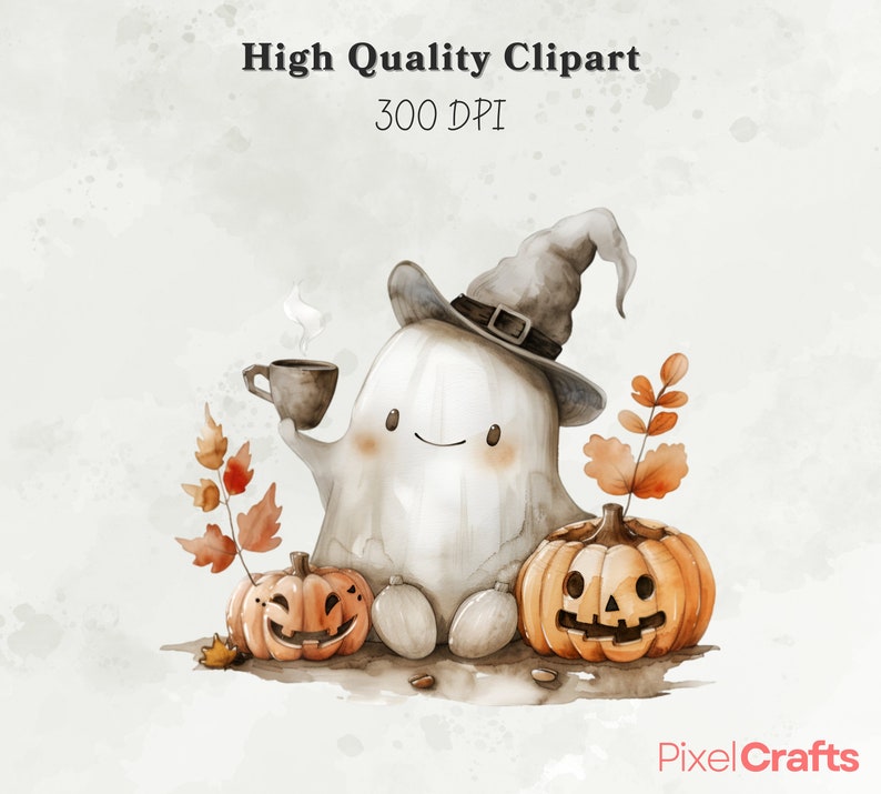Cute Ghost Clipart, Halloween Png, Watercolor Halloween Clipart, Coffee ...