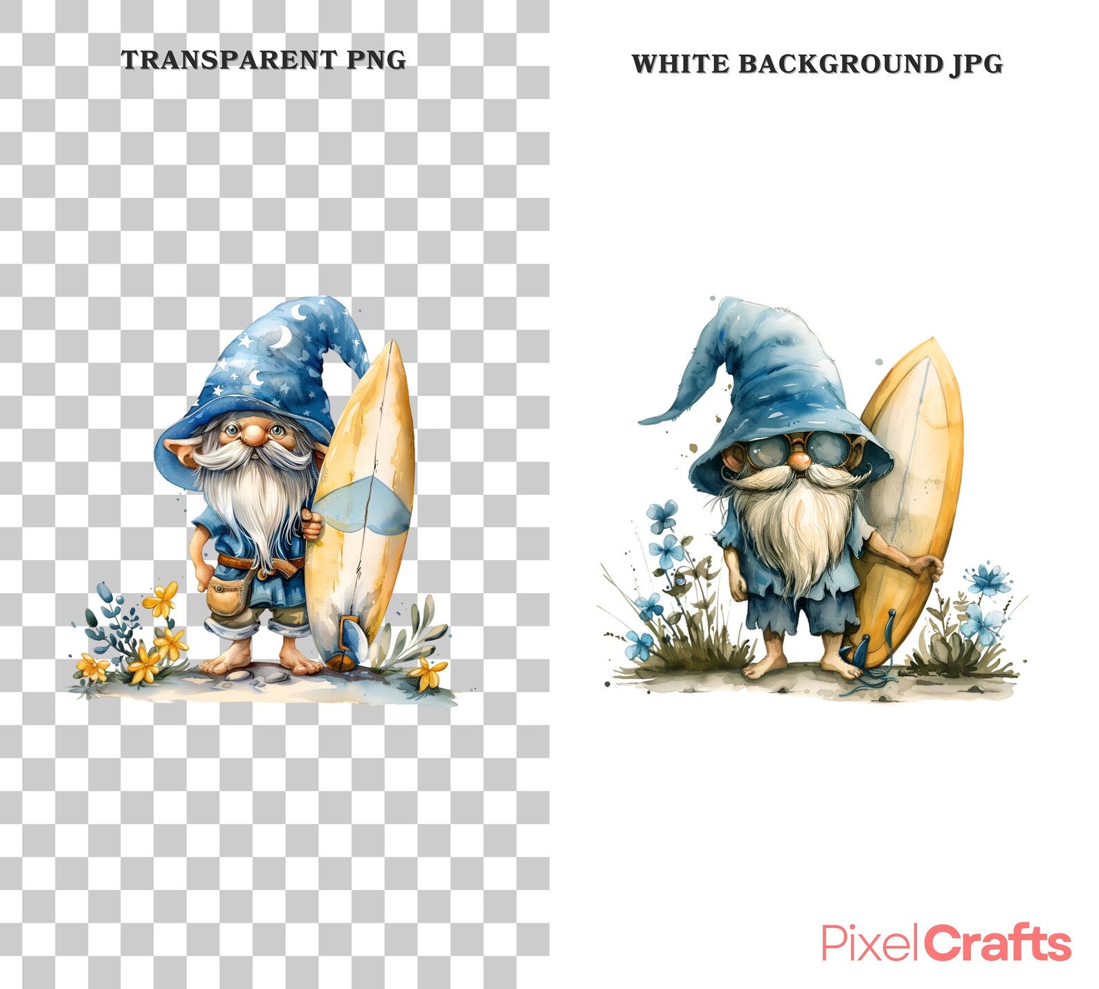 Watercolor Gnome Clipart, Surfer Gnome Clipart, Summer Gnome Png ...