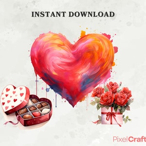 Valentines Clipart Bundle, Watercolor Valentines Day Png, Heart Clipart ...