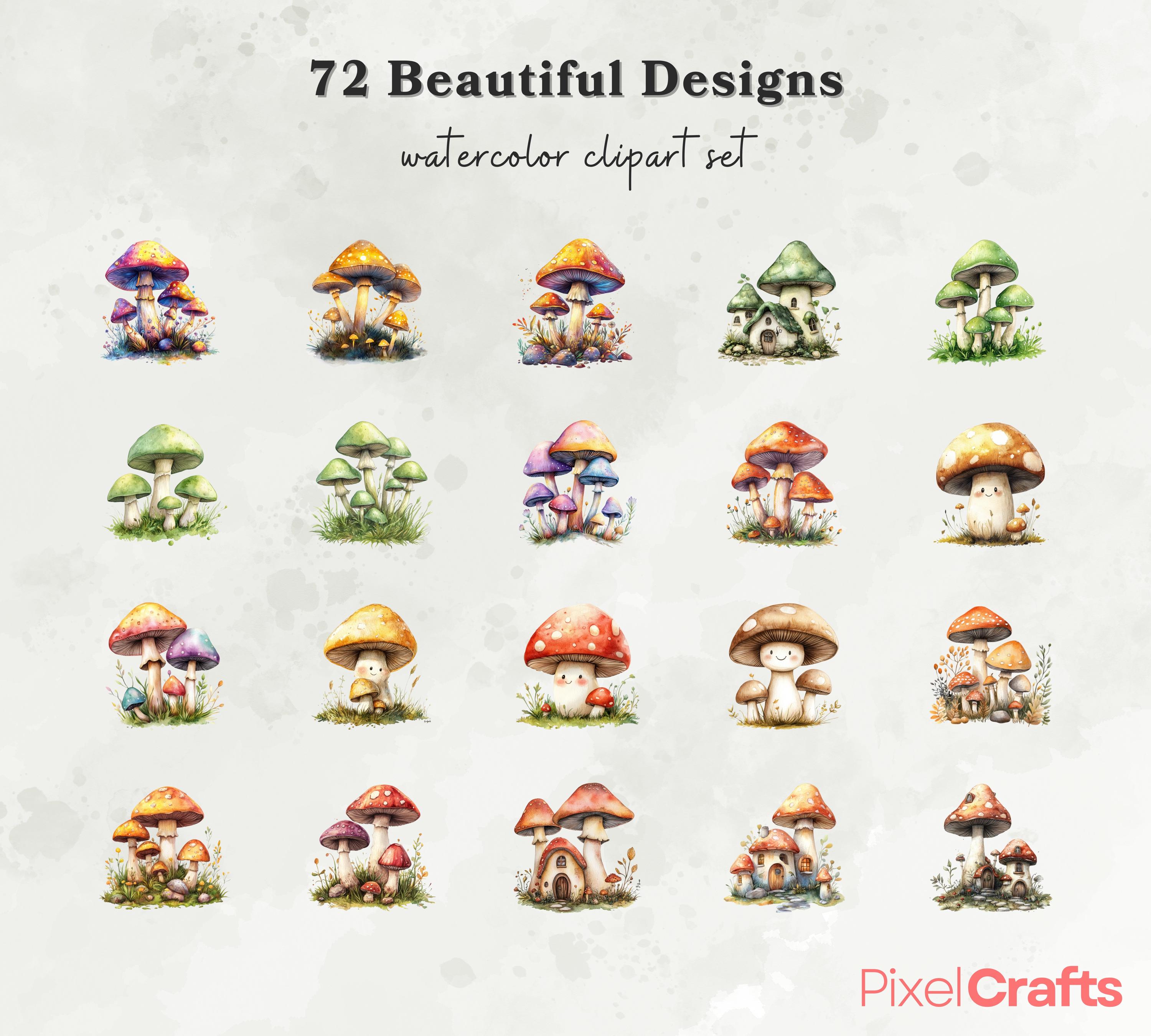 Watercolor Mushroom Clipart Bundle, Mushroom House Png, Mycology ...