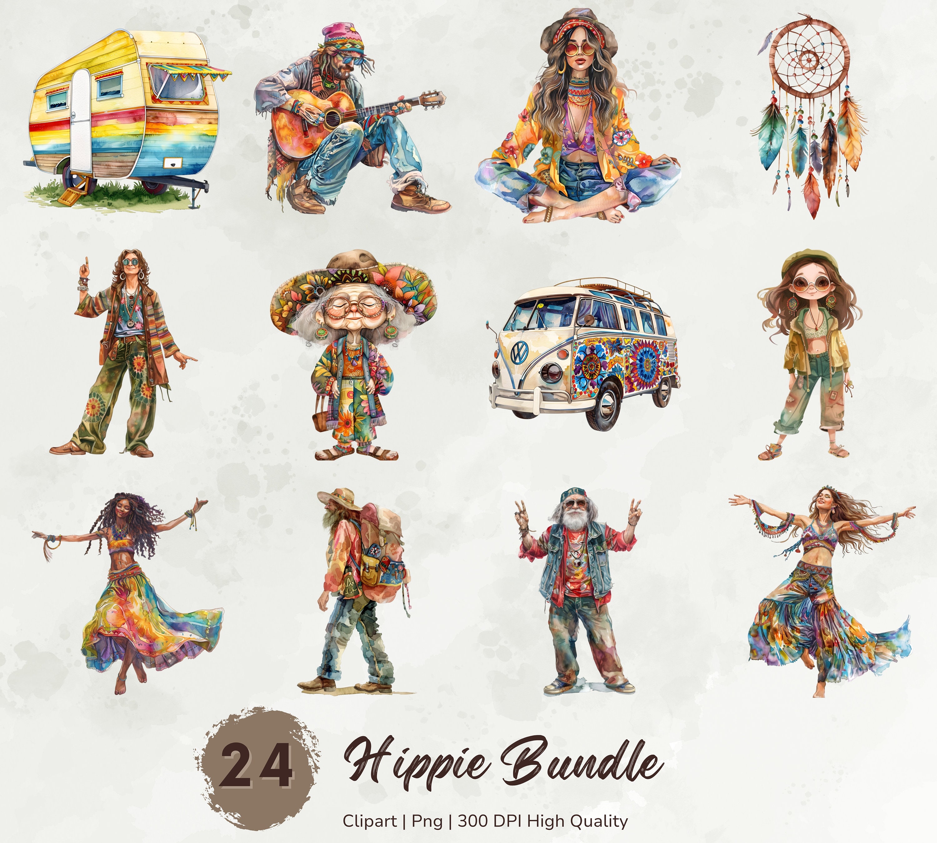 Hippie Clipart, Whimsical Hippies Clipart Bundle, Psychedelic Clipart ...