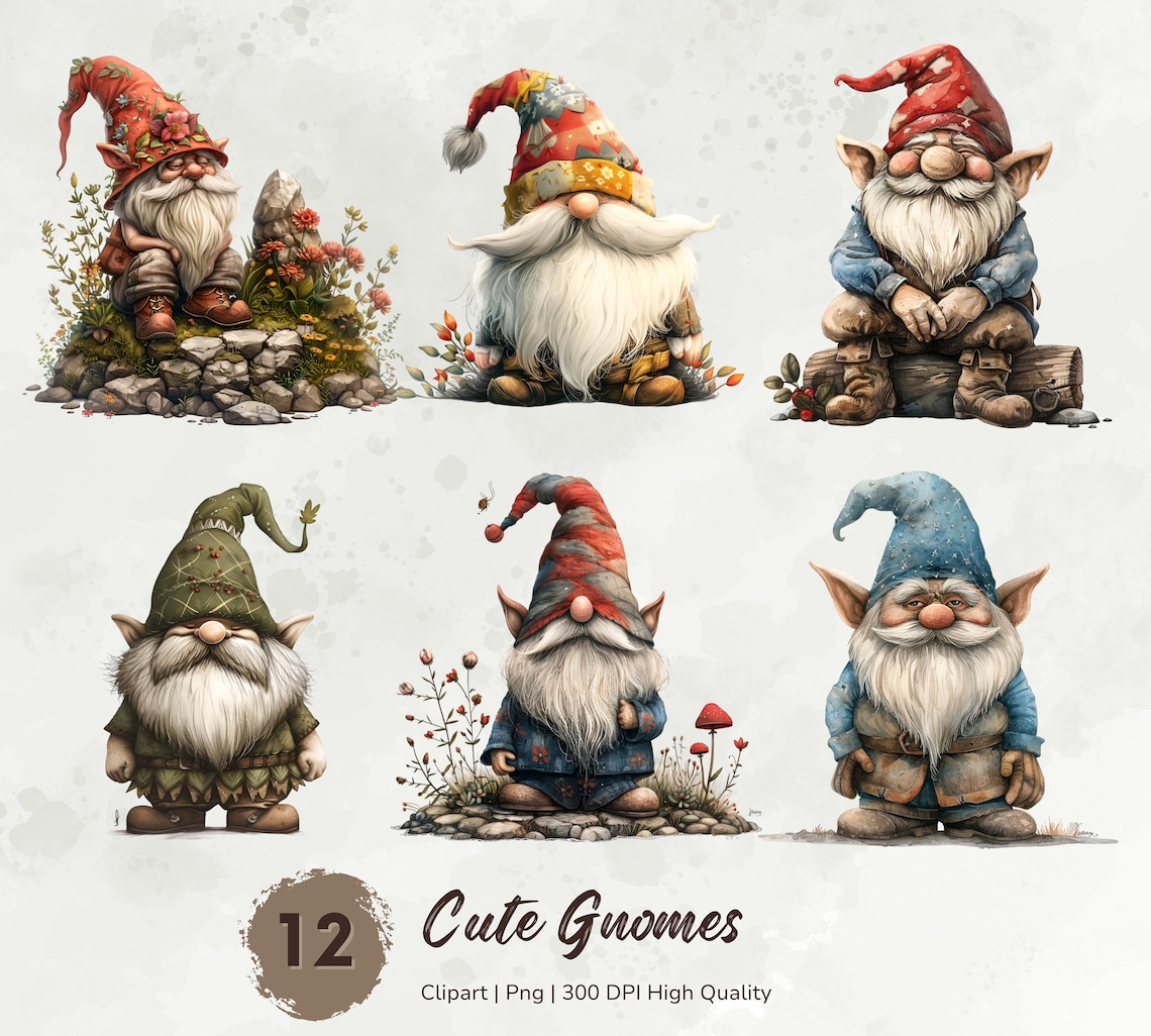 Watercolor Gnome Clipart, Whimsical Gnome Clipart Bundle, Cute Gnome ...