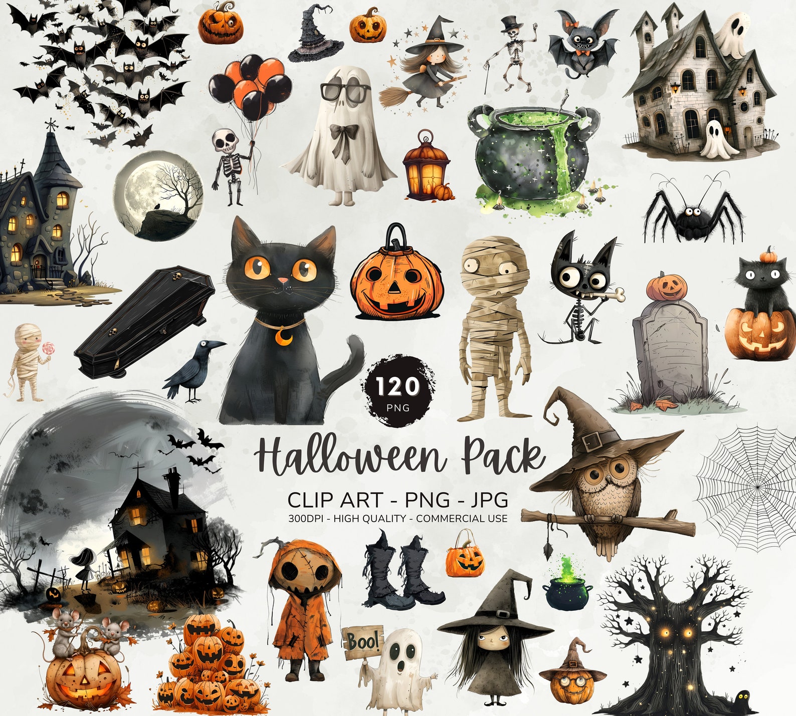 Watercolor Halloween Clipart Bundle, Halloween Decoration, Pumpkins ...