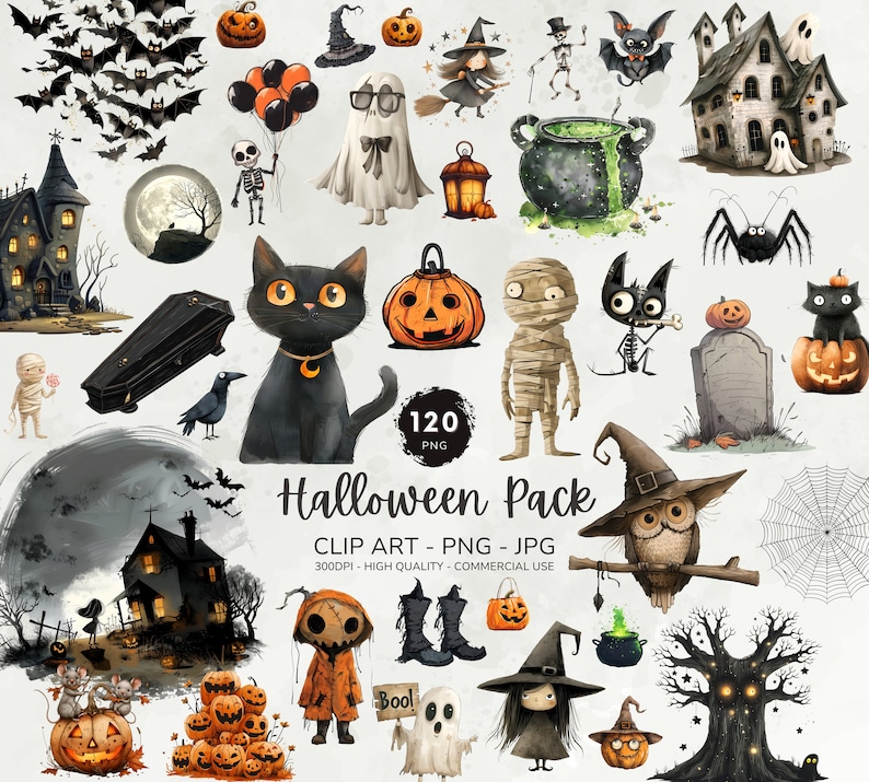 Watercolor Halloween Clipart Bundle, Halloween Decoration, Pumpkins ...