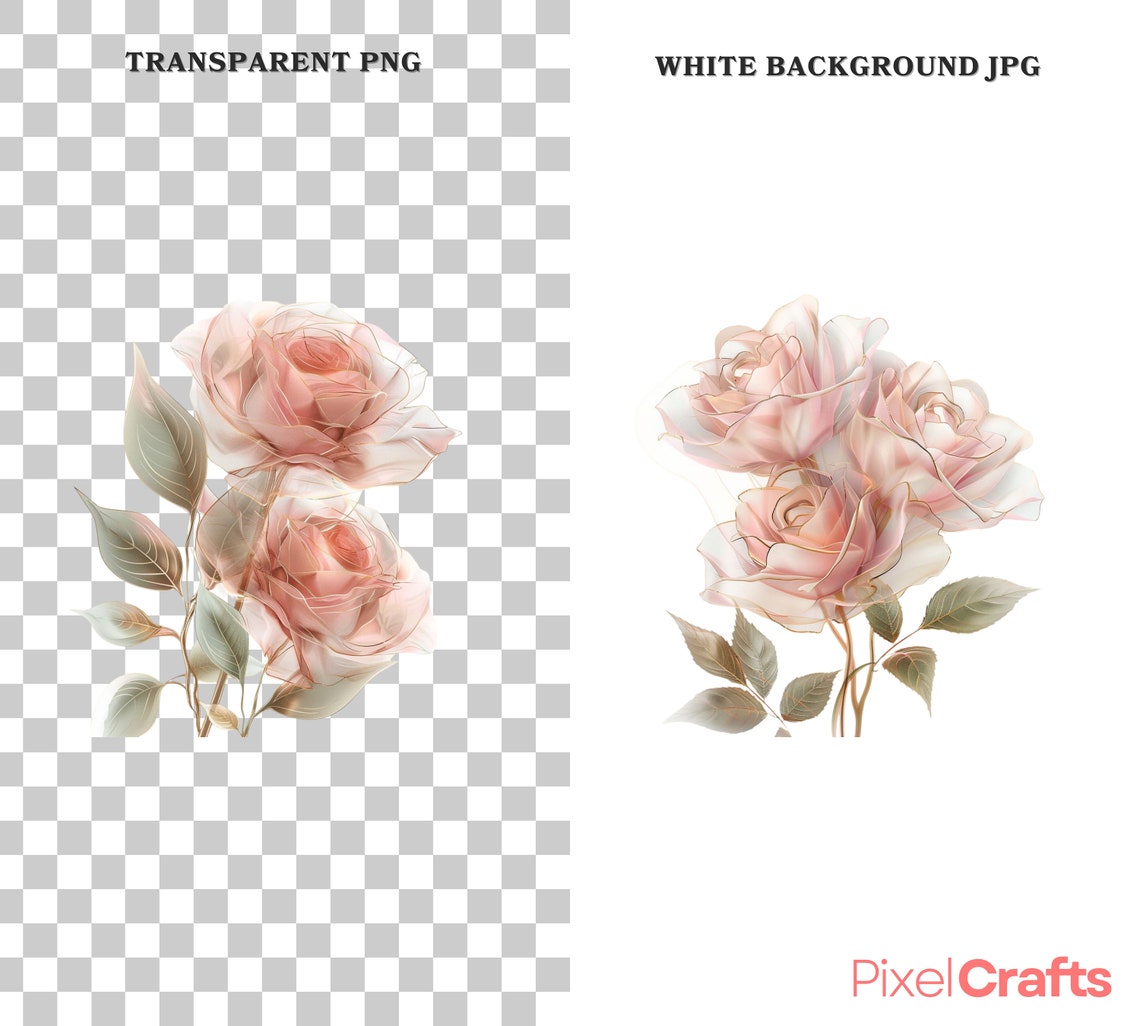 Abstract Pink Roses Clipart, Gold and Pink Roses Flowers Clipart Bundle ...