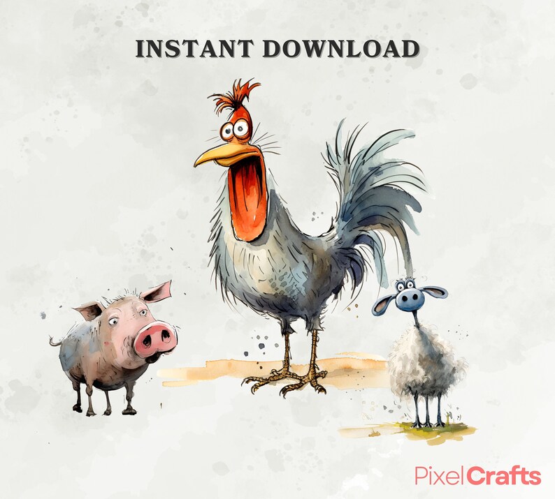 Watercolor Funny Farm Animals Clipart, Cute Cartoon Animals, Funny ...