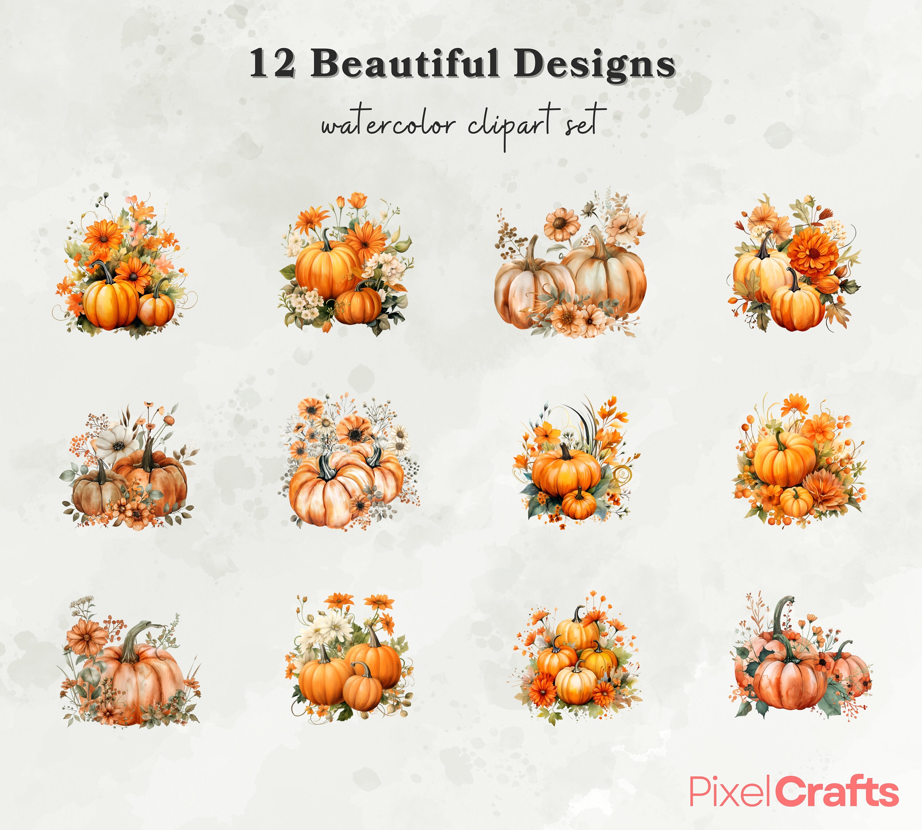 Floral Pumpkin Clipart, Fall Grapgics Png, Autumn Clipart, Watercolor ...