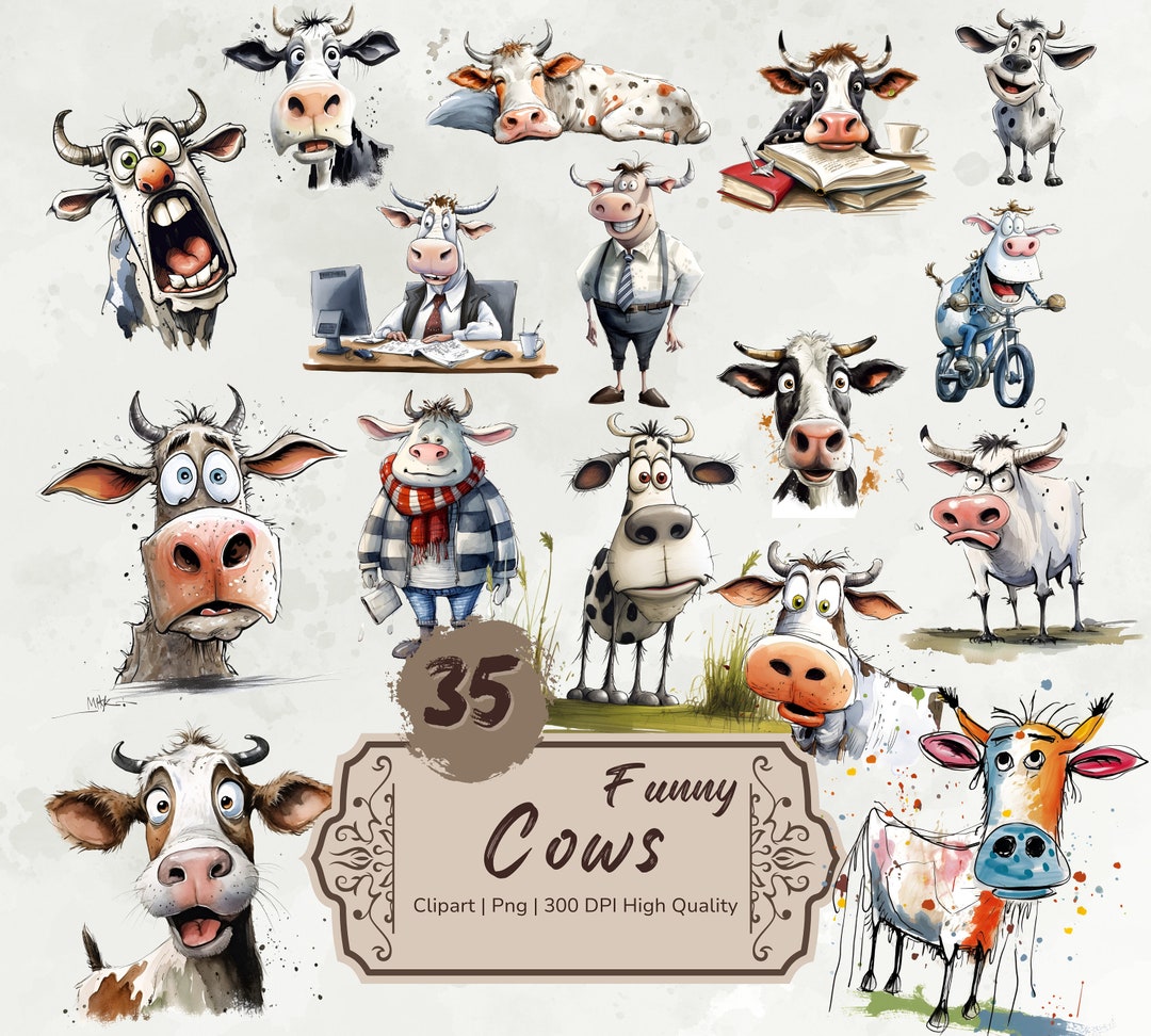 Watercolor Funny Cows Clipart, Cute Cartoon Farm Animals, Ouirky Cattle ...