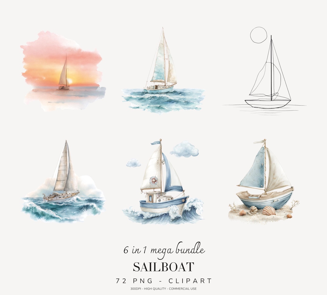 Watercolor Sailboat Clipart Bundle, Coastal Png, Nautical Decor, Beach ...