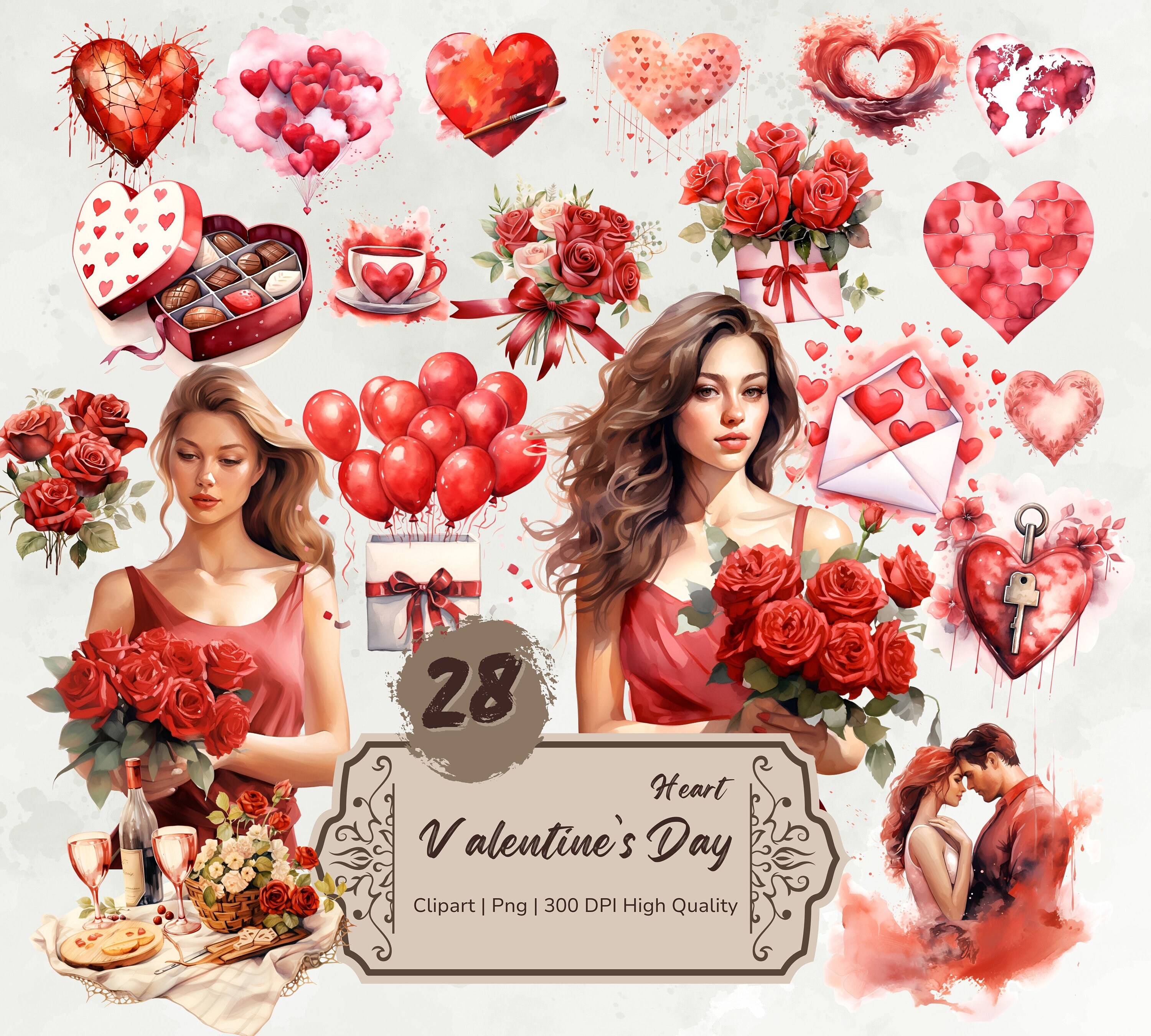 Valentines Clipart Bundle, Watercolor Valentines Day Png, Heart Clipart ...