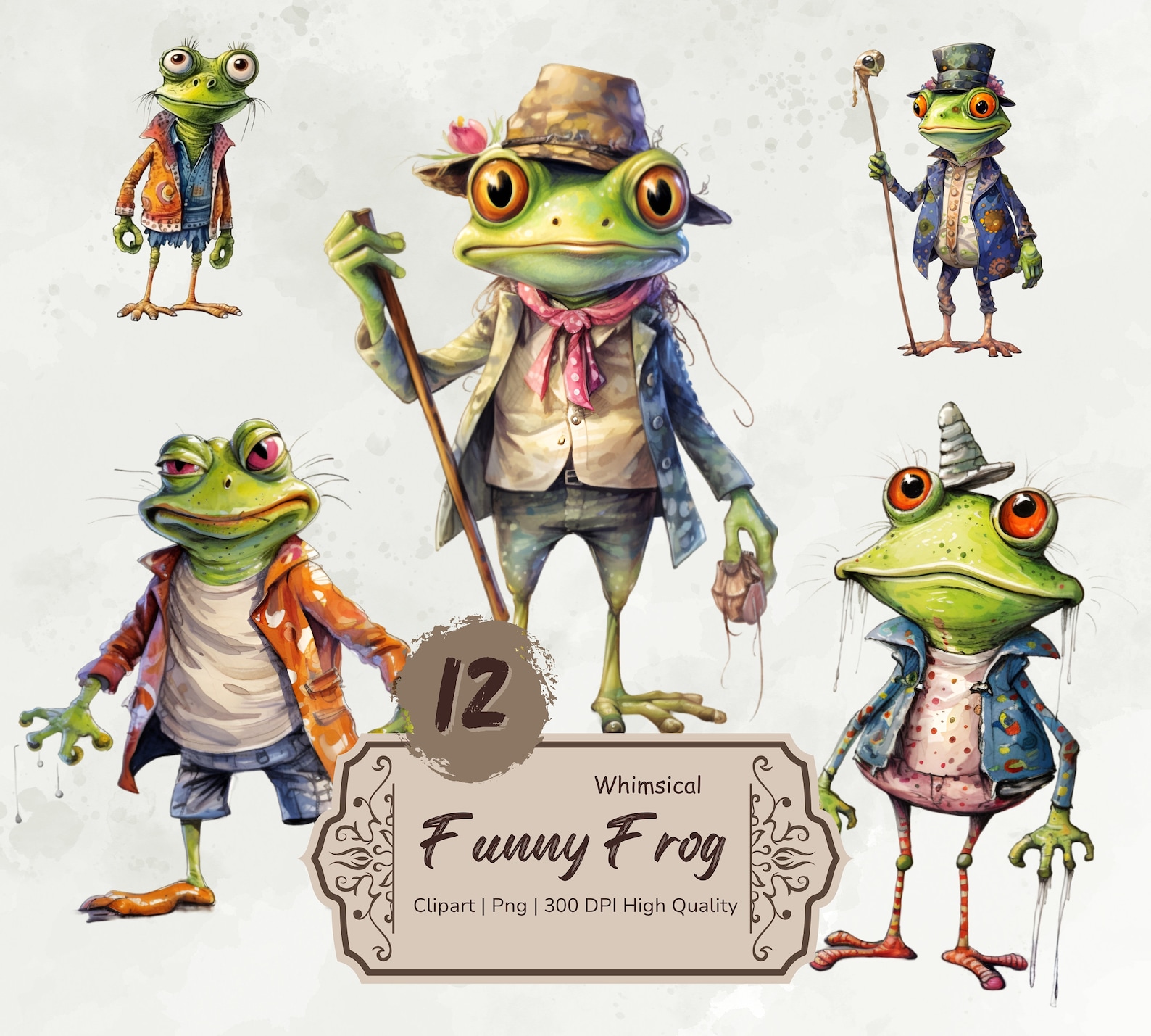 Watercolor Funny Frog Clipart, Whimsical Cute Frogs Clipart, Frog Png ...