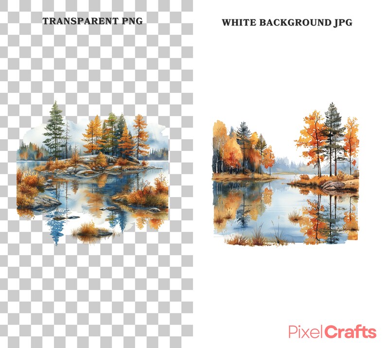 Watercolor Autumn Landscape Clipart, Autumn Lakeside Clipart, Fall ...