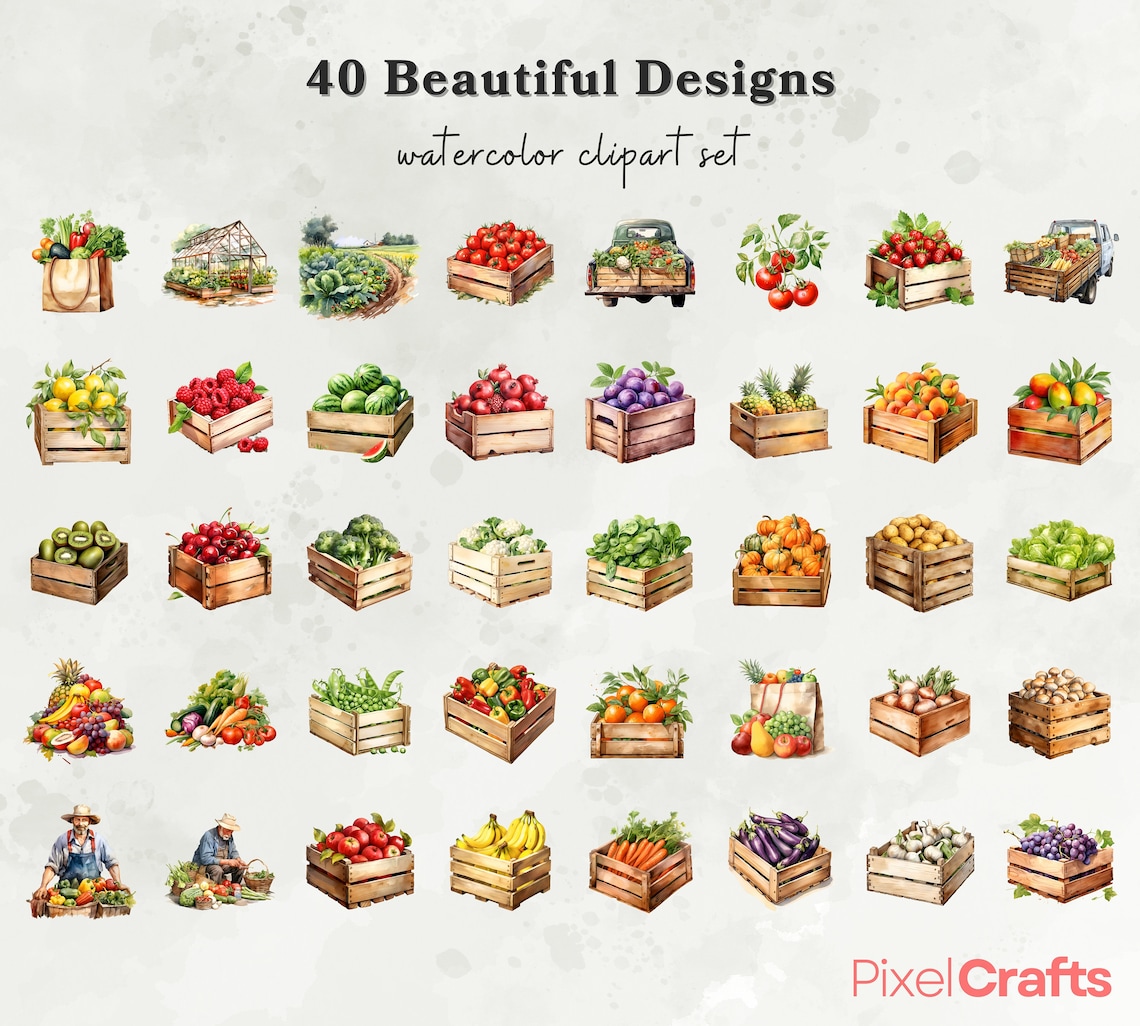 Watercolor Vegetables Clipart, Wooden Crate Fruits Clipart, Vegetable ...