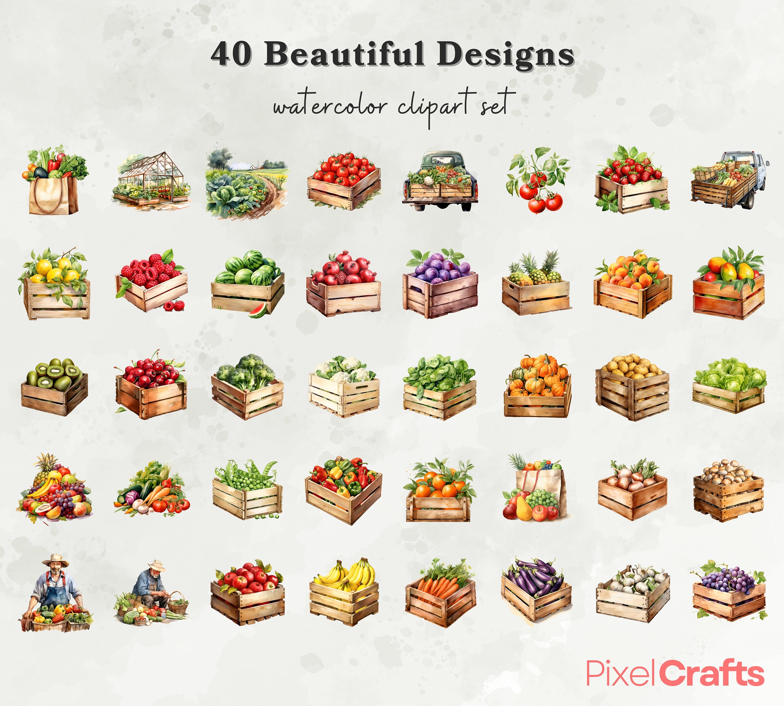 Watercolor Vegetables Clipart, Wooden Crate Fruits Clipart, Vegetable ...