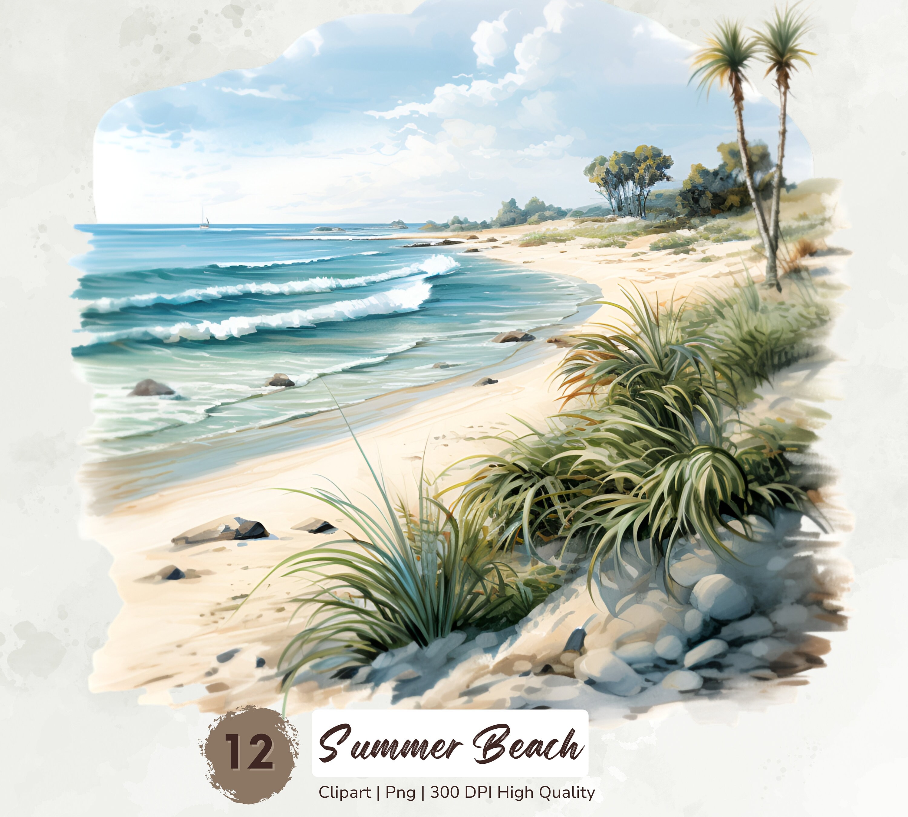 Watercolor Beach Clipart, Summer Clipart, Tropical Beach, Palms and ...