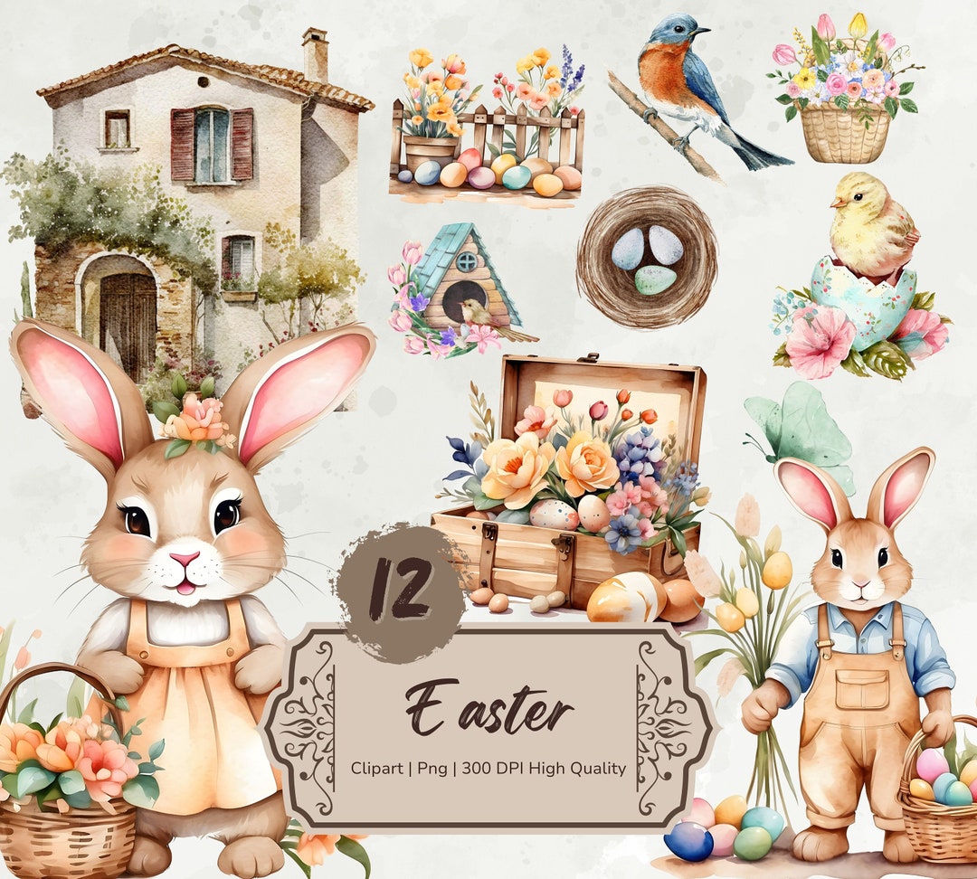 Watercolor Easter Clipart, Easter Bunny Clipart Bundle, Easter Eggs Png ...