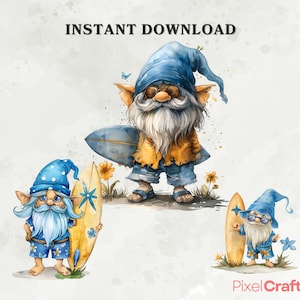 Watercolor Gnome Clipart, Surfer Gnome Clipart, Summer Gnome Png ...