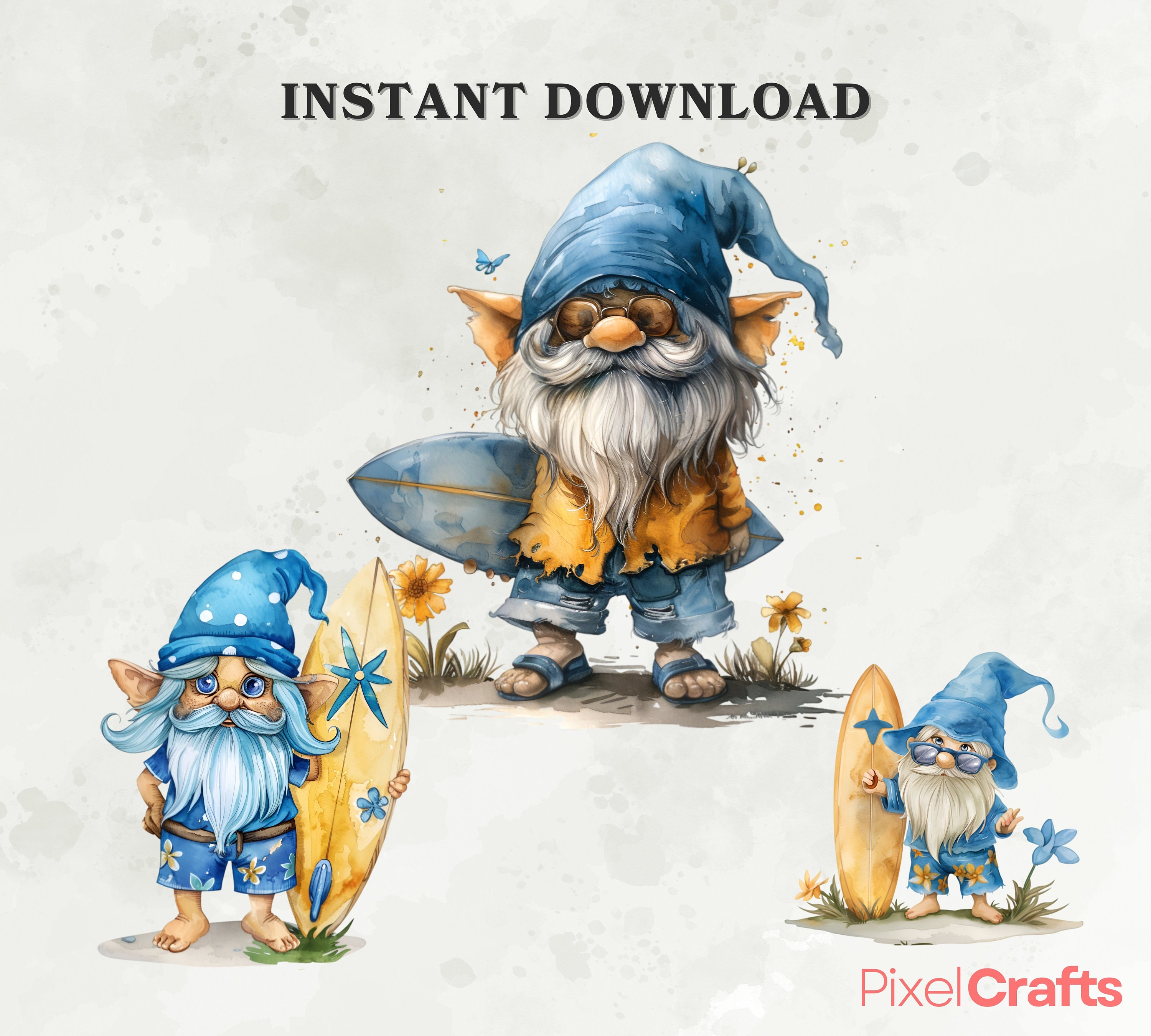 Watercolor Gnome Clipart, Surfer Gnome Clipart, Summer Gnome Png ...