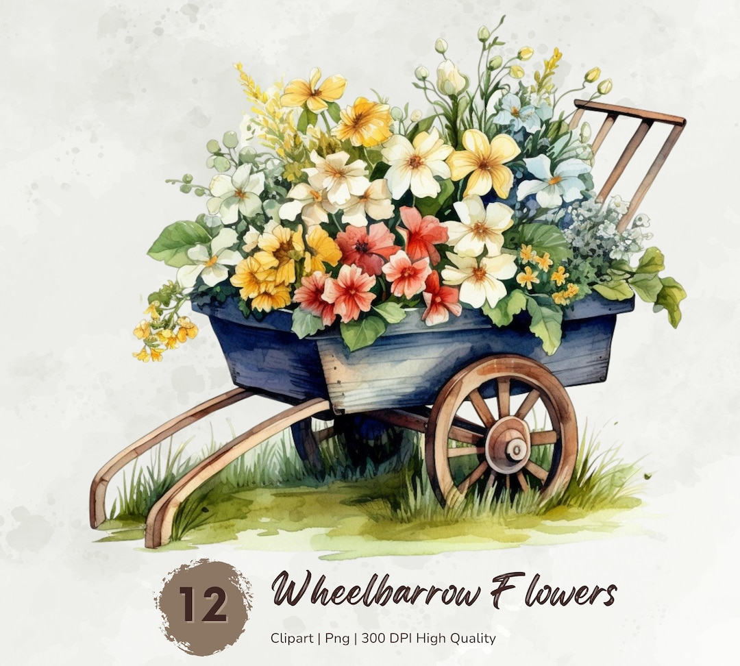 Watercolor Floral Wheelbarrow Clipart, Wooden Wheelbarrow Flowers ...