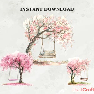 Swing in Pink Tree Clipart Bundle, Floral Swing, Blossom Trees ...