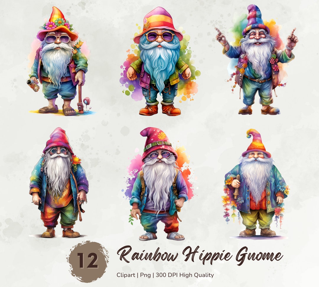 Hippie Gnome Clipart, Rainbow Hippie Gnomes Clipart, Fantasy Gnome Png ...