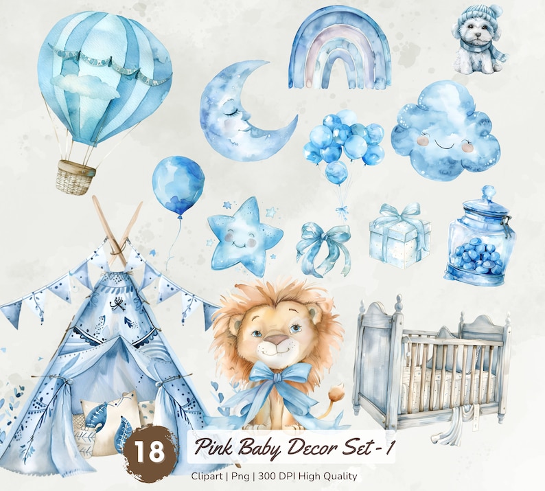 Watercolor Blue Baby Boy Clipart, Nursery Baby Decor Clipart Bundle ...