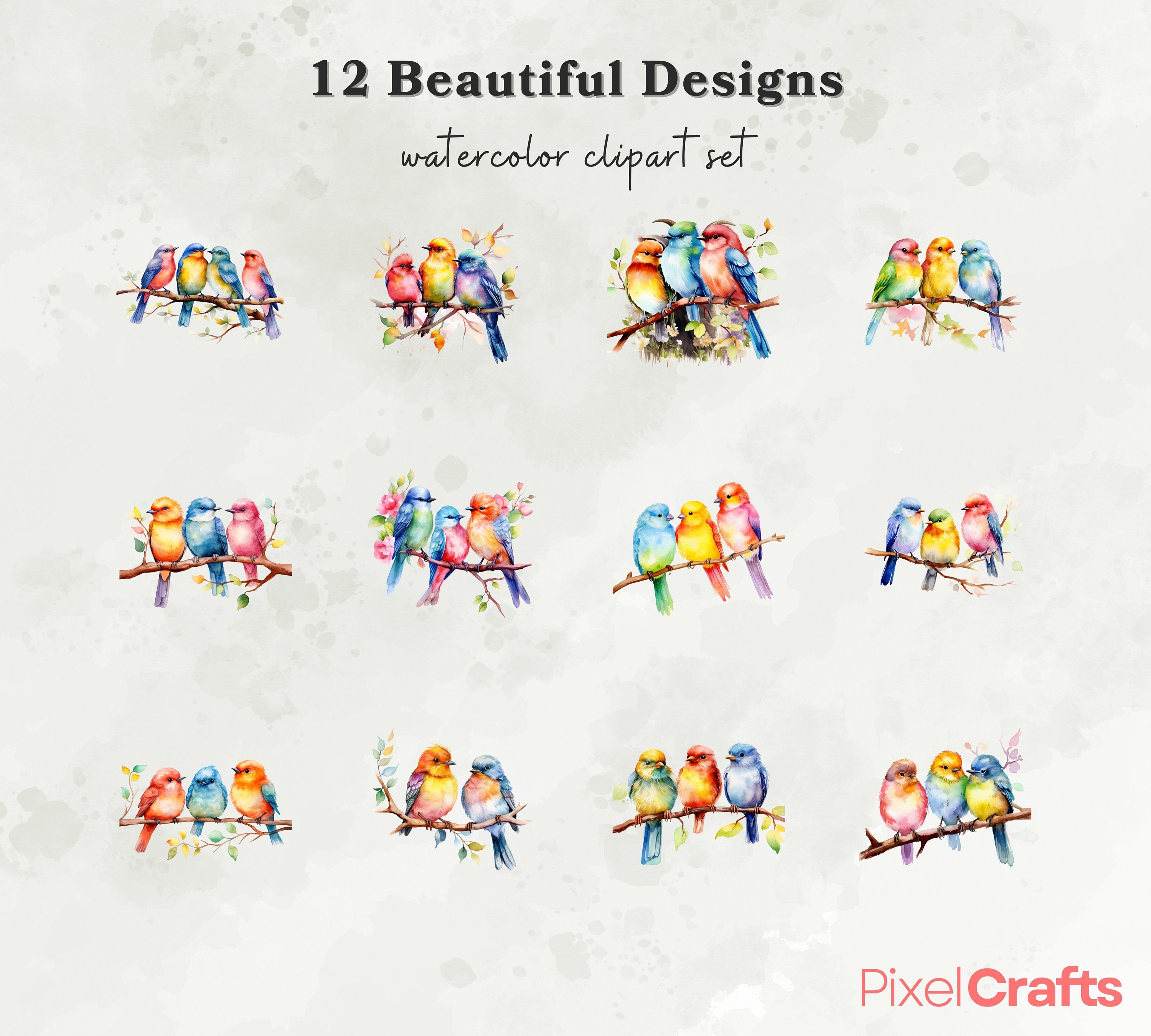 Watercolor Cute Birds on Branch Clipart, Birds Clipart Bundle, Colorful ...