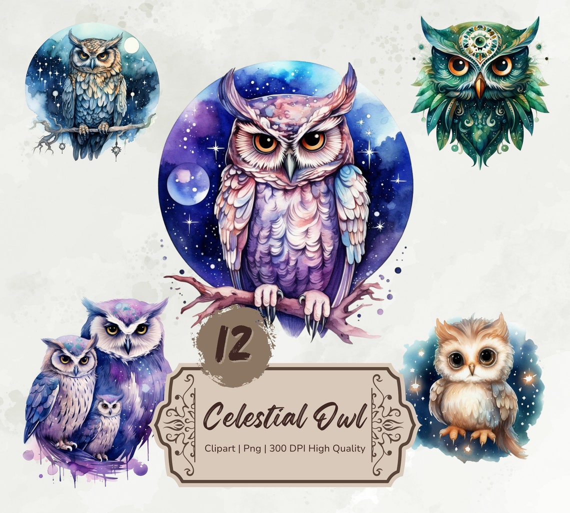 Watercolor Celestial Owl Clipart, Owl Png, Magical Clipart, Mystical ...