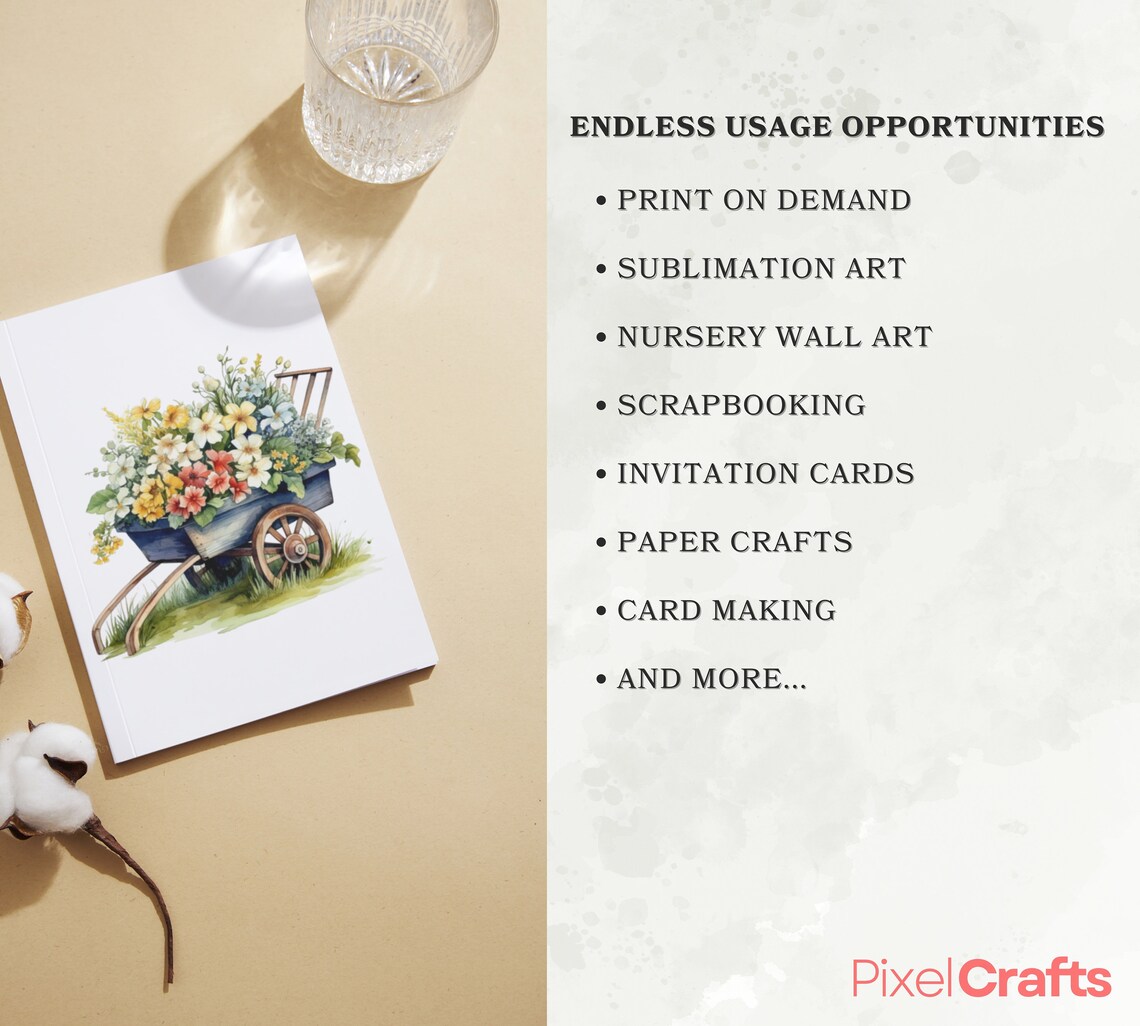 Watercolor Floral Wheelbarrow Clipart, Wooden Wheelbarrow Flowers ...