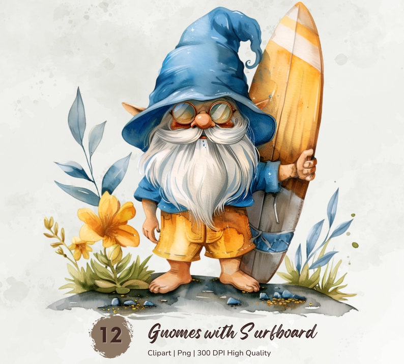 Watercolor Gnome Clipart, Surfer Gnome Clipart, Summer Gnome Png ...
