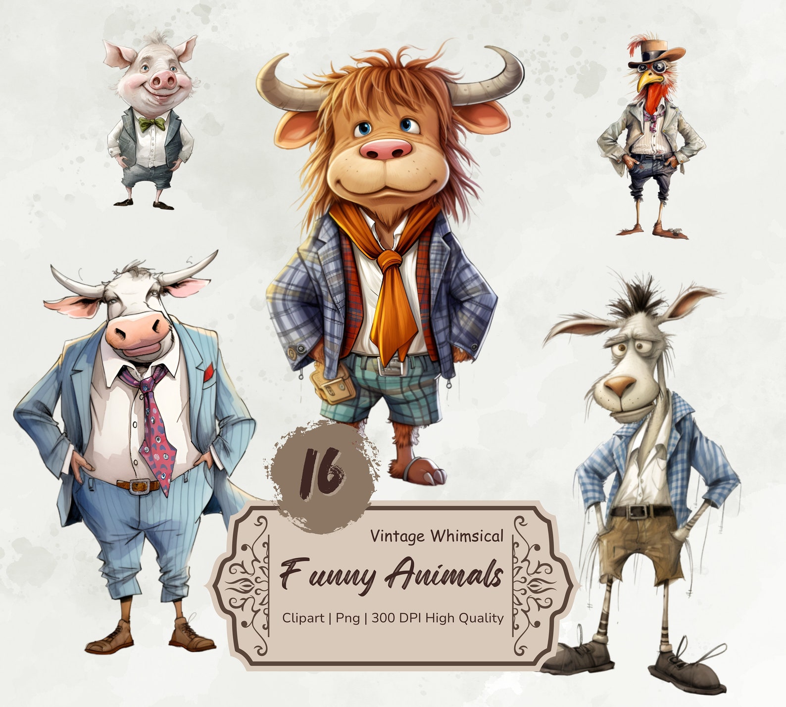 Whimsical Funny Animals Clipart Bundle, Watercolor Farm Animals Png ...