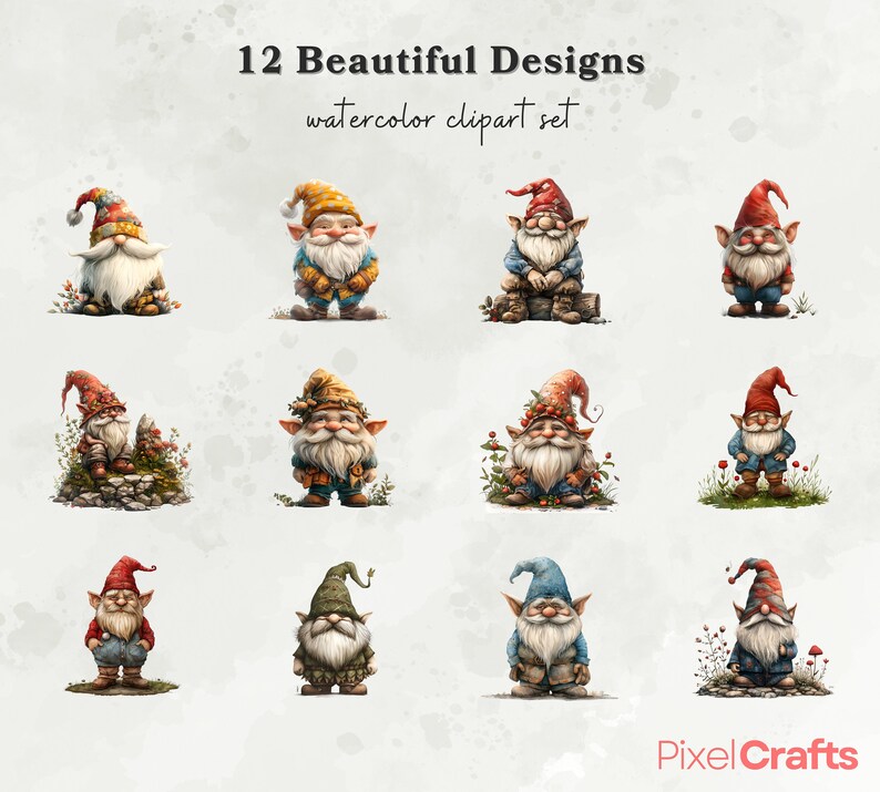 Watercolor Gnome Clipart, Whimsical Gnome Clipart Bundle, Cute Gnome ...