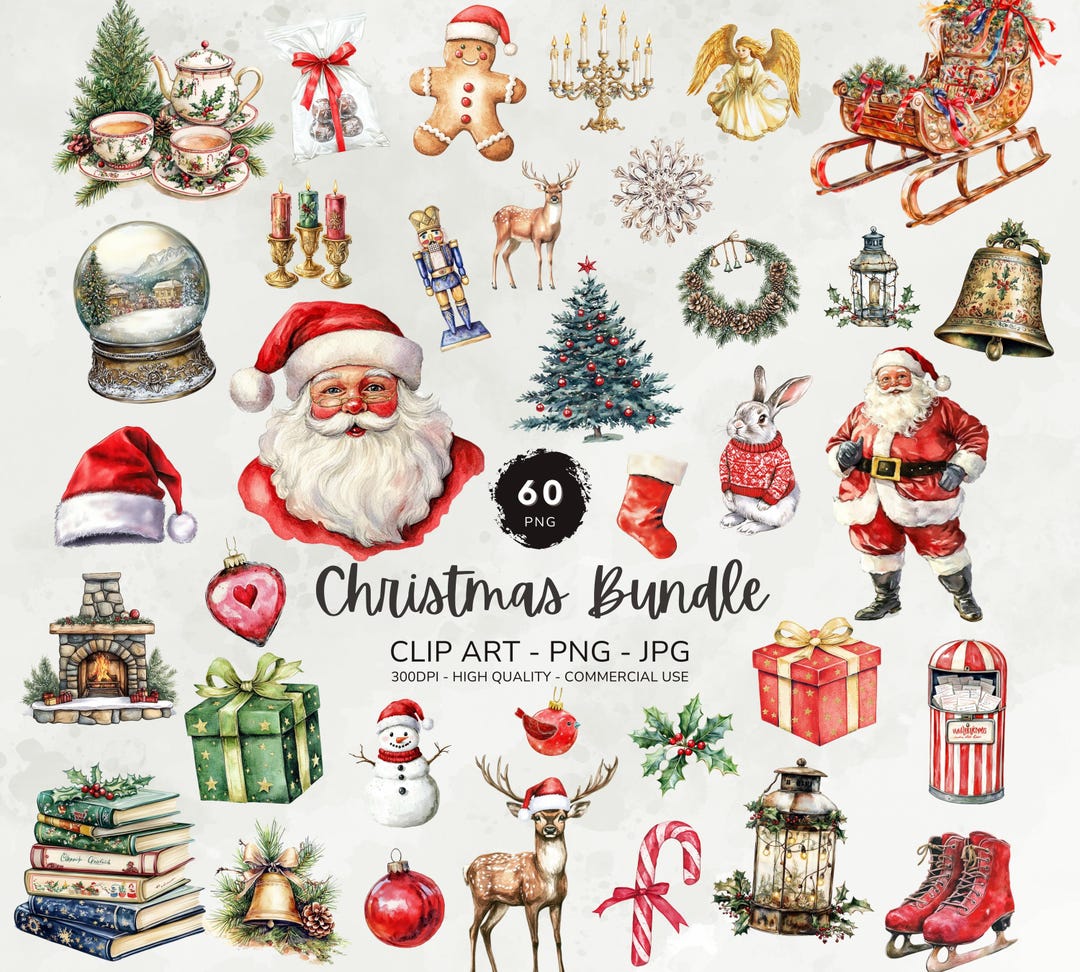 Christmas Clipart Bundle, Santa Clipart, Watercolor Christmas Graphics ...