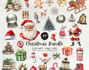 Santa Clipart, Watercolor Christmas Clipart, Christmas Clipart Bundle ...