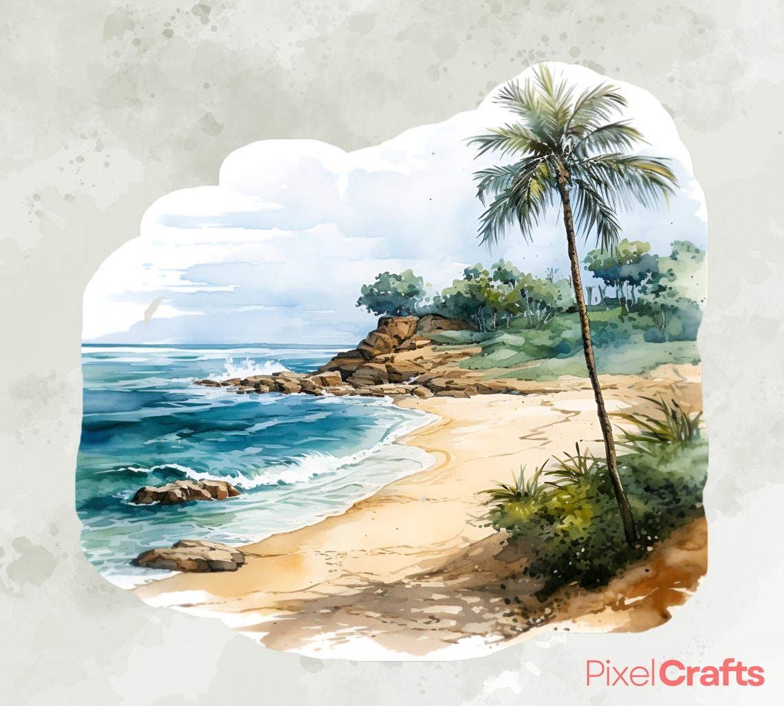 Watercolor Beach Clipart, Summer Clipart, Tropical Beach, Palms and ...