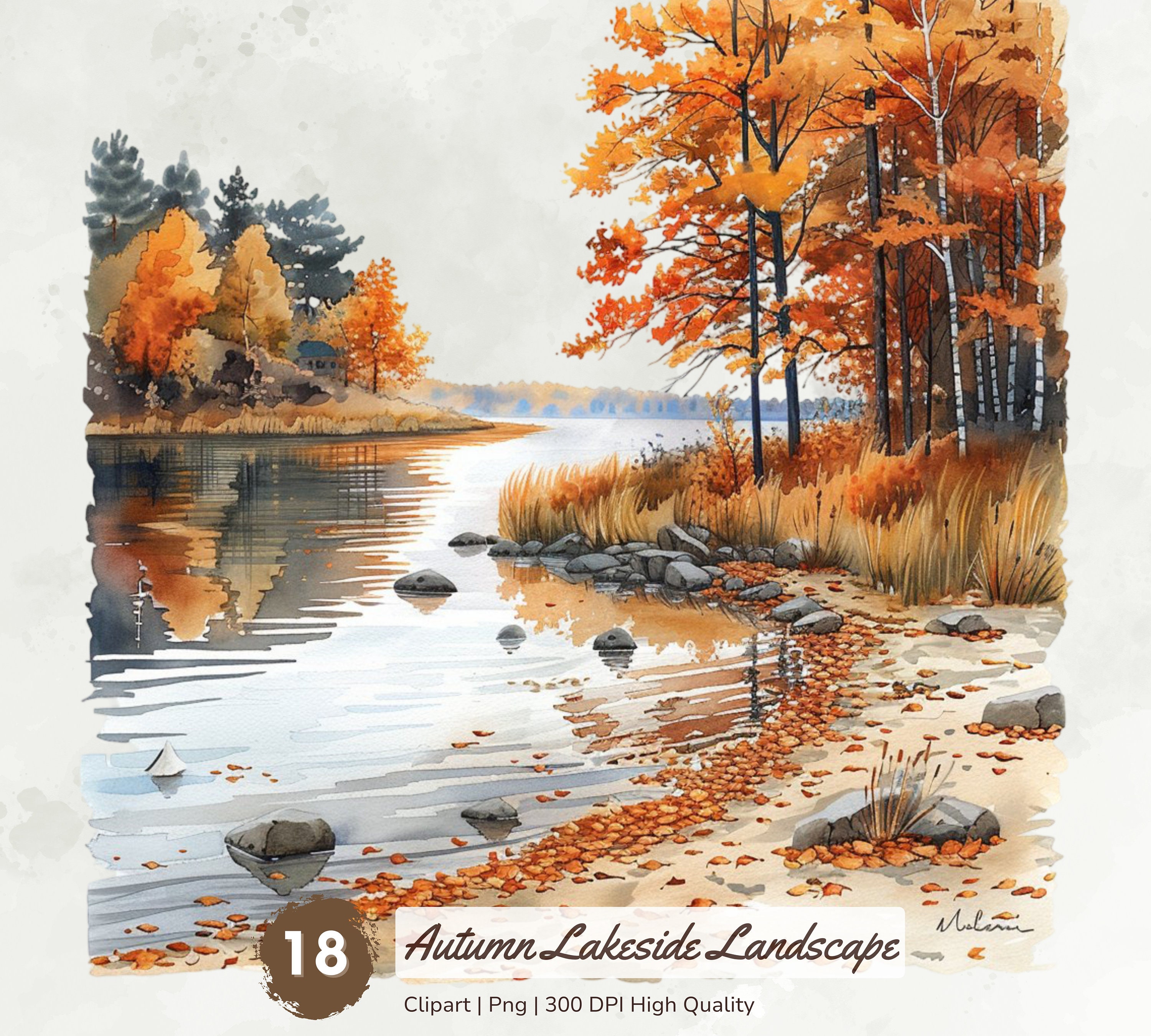 Watercolor Autumn Landscape Clipart, Autumn Lakeside Clipart, Fall ...