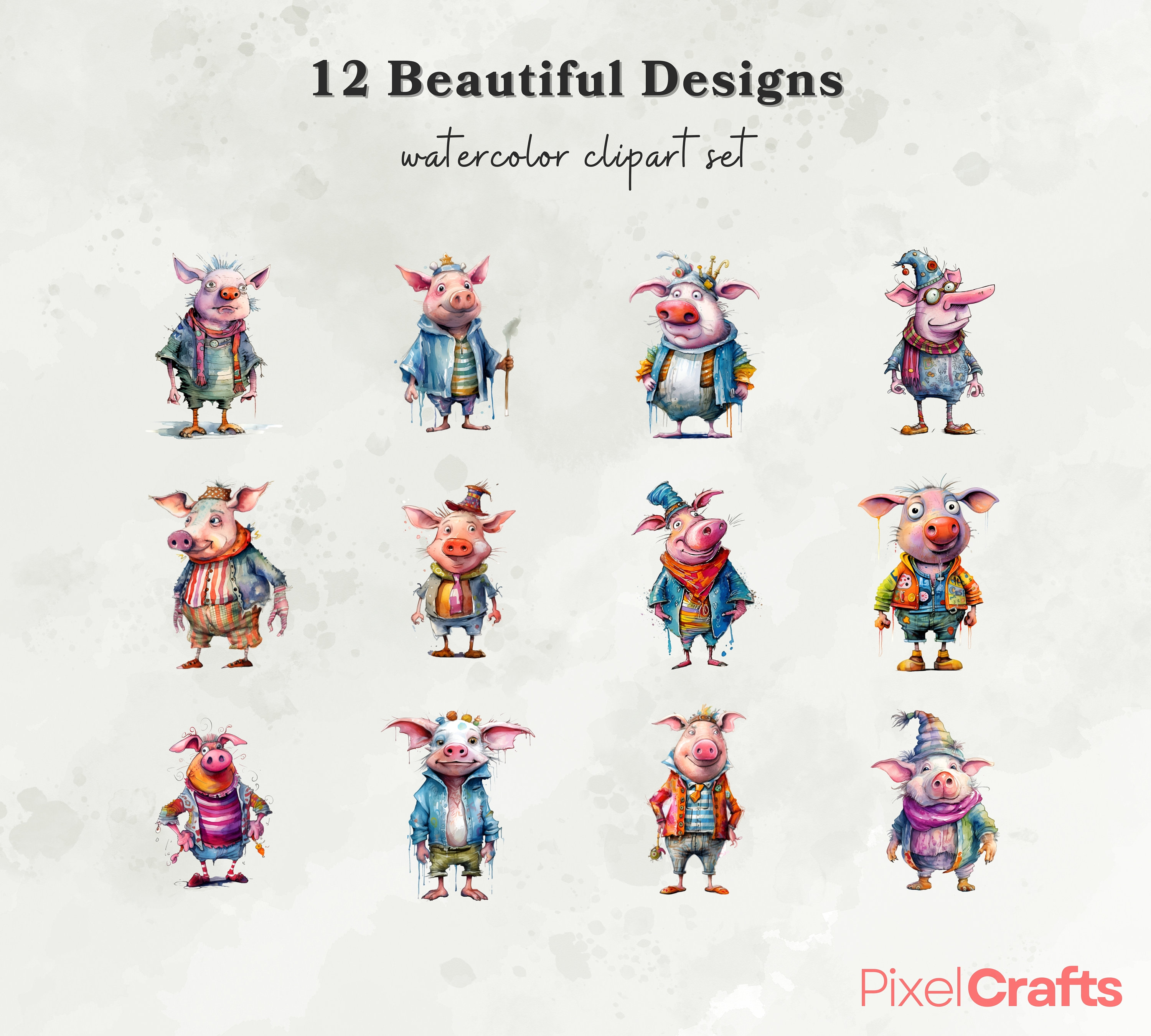 Watercolor Funny Pig Clipart, Whimsical Cute Piglet Clipart, Quirky Pig ...