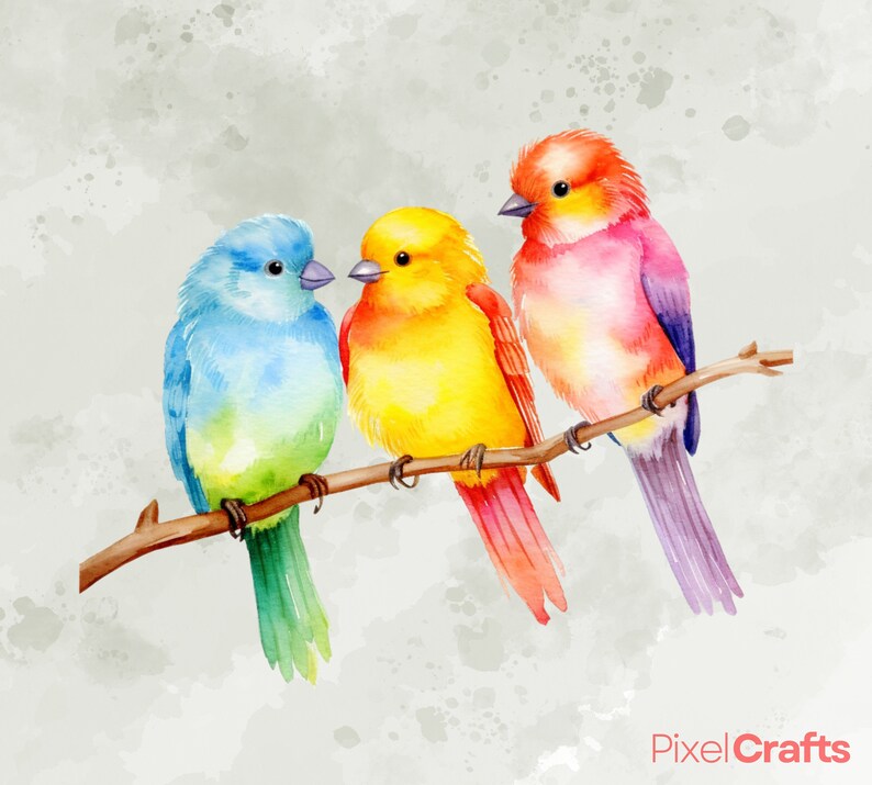 Watercolor Cute Birds on Branch Clipart, Birds Clipart Bundle, Colorful ...