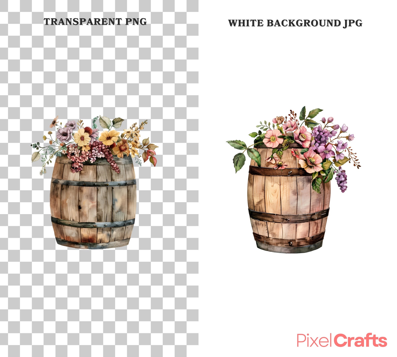 Floral Wooden Barrel Clipart, Garden Barrel, Floral Barrel Png, Spring ...